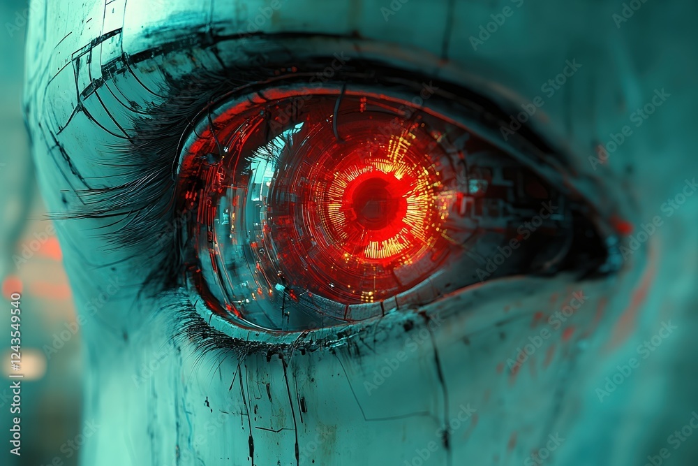 Dystopian cybernetic eye with damaged, battle-worn appearance scratches ...