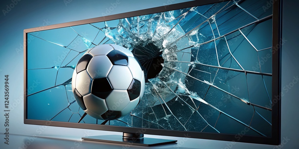 Minimalist Soccer Ball Crashing Through Shattered TV Screen Stock ...