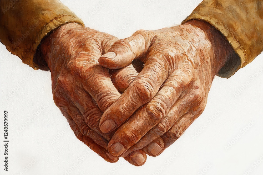 watercolor painting Close-up of weathered hands clasped together in a ...