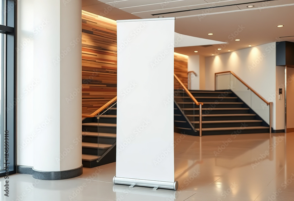 White Blank roll-up banner template standing in lobby side stairs ...