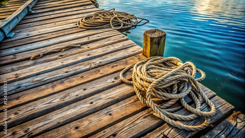 Weathered wooden dock boards with worn wood planks and rope tangled in ...