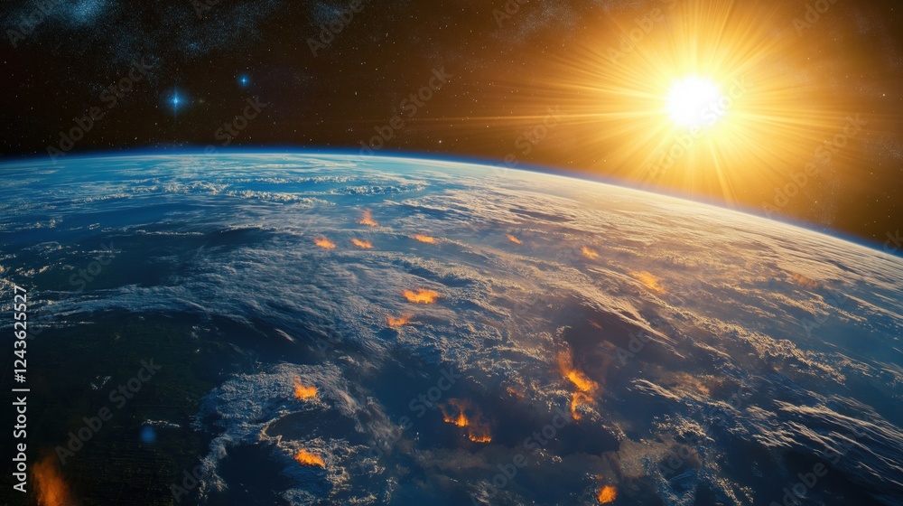 Earth from space, with the sun shining brightly on the right side of ...