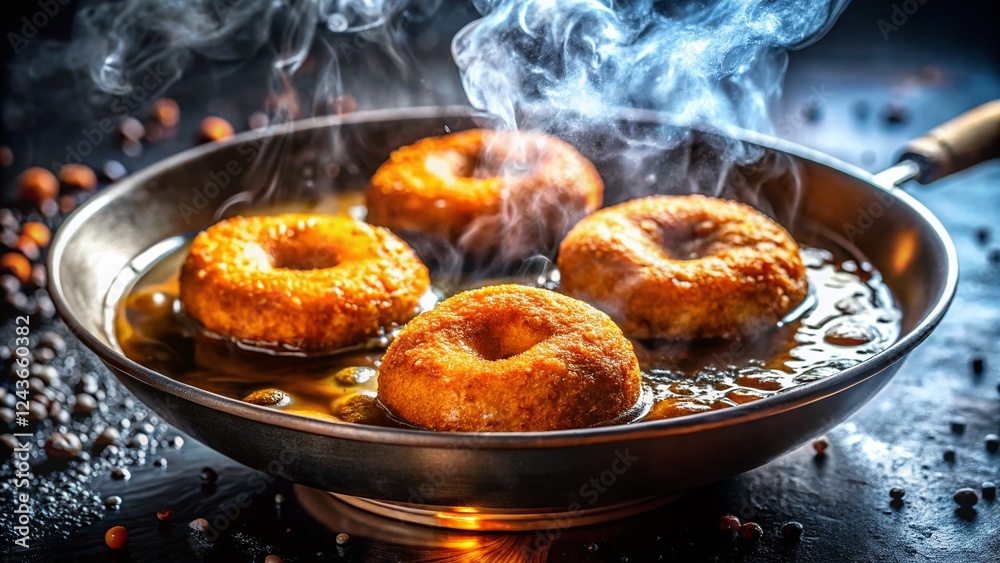 Double Exposure: Deep Fried Medu Vada in Hot Oil, Indian Cuisine Stock ...