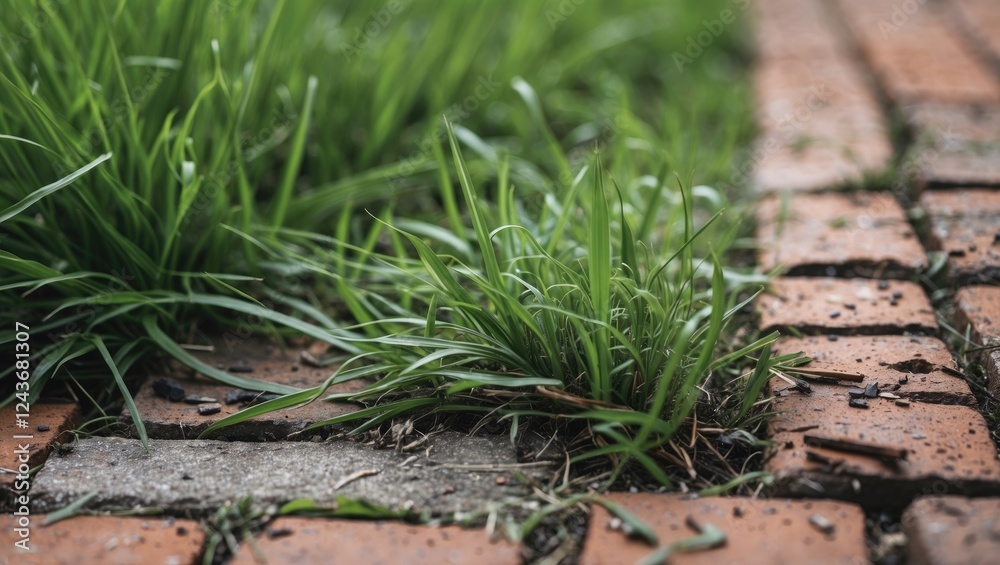 Lush grass growing between a rustic brick sidewalk creating a natural ...