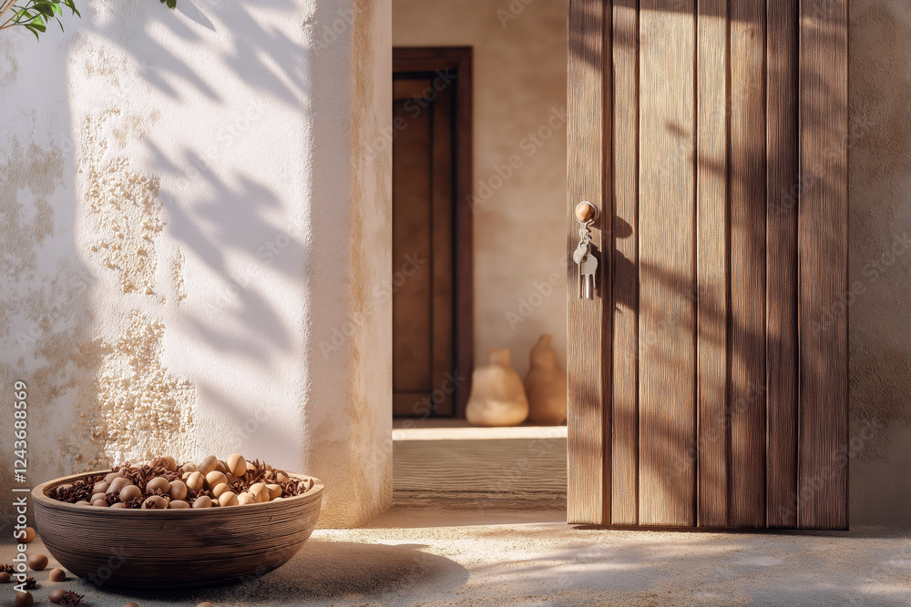 A rustic wooden door slightly ajar reveals a sunlit Mediterranean-style ...