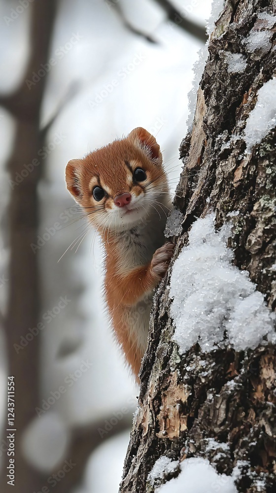 HD Phone Wallpaper Adorable Red furred Weasel Kit Climbing Snowy Tree ...