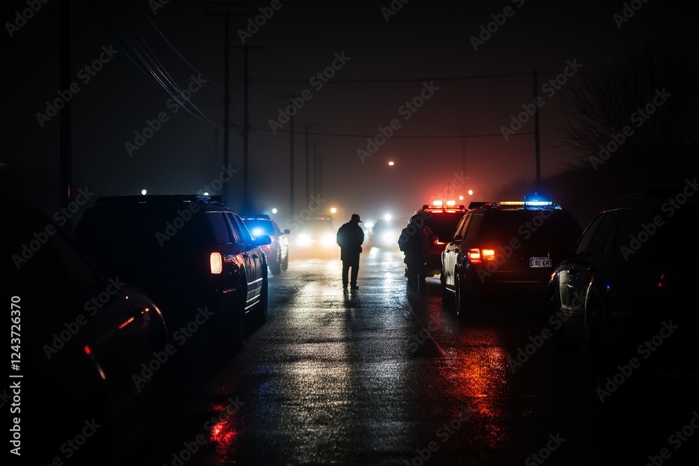 Emergency traffic situation involving several police cars at night ...