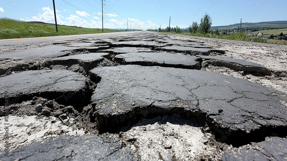 Cracked Highway Pavement Highlighting Severe Road Damage Due to Weather ...