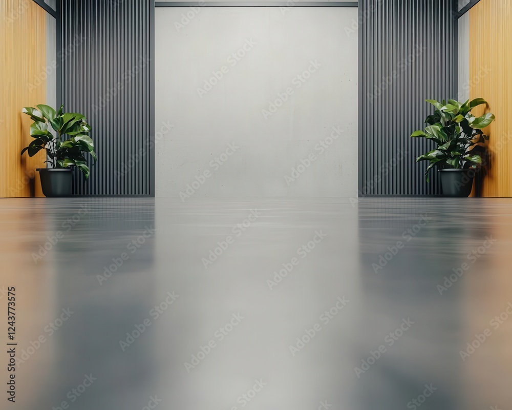 Minimalist steel factory floor with polished surfaces and robotic ...