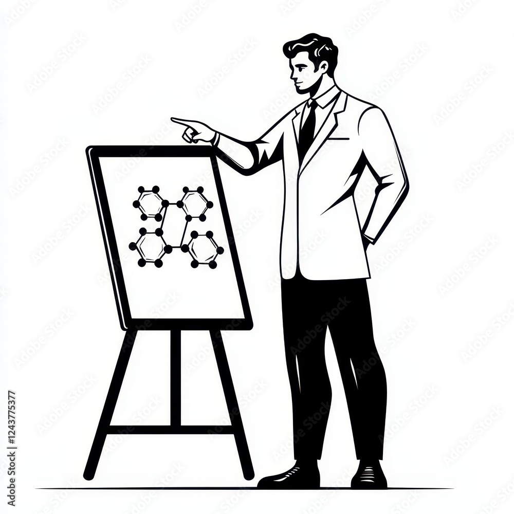 Scientist presenting molecular structure diagram on easel board ...