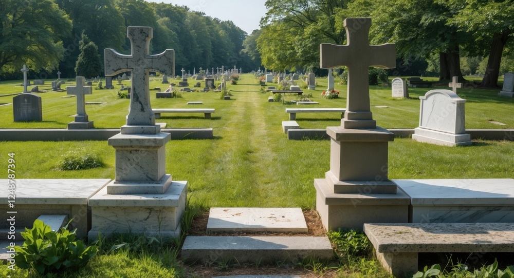 Historic cemetery view with stone and wooden crosses in a lush meadow ...