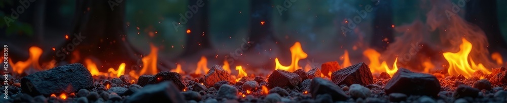 A fire border with smoldering embers and a warm glow, dark woods ...