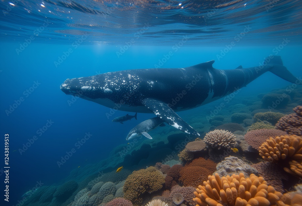 Underwater scene of humpback whale mother and calf swimming near a ...