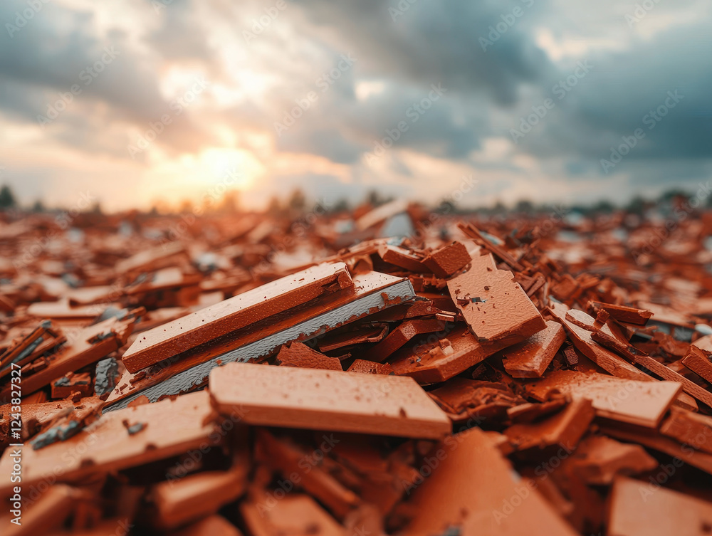 Scattered debris from homes under dramatic sunset sky, showcasing ...