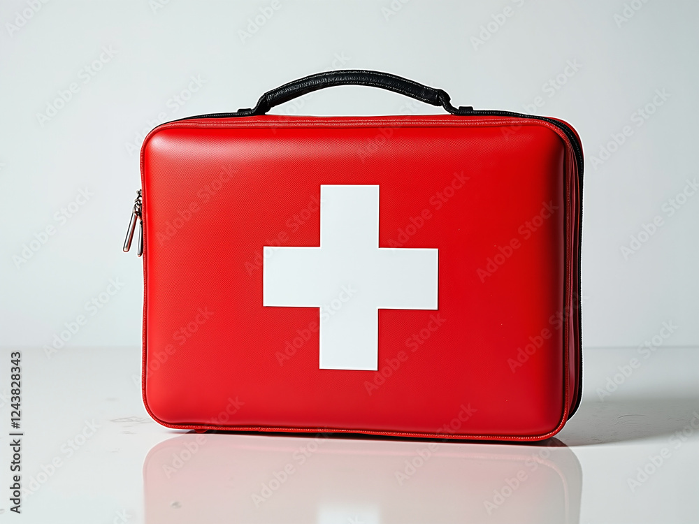 Bright red and white first aid kit, featuring clear lines and material ...