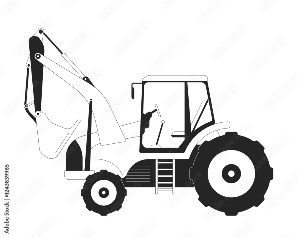 Excavator side view black and white 2D line object. Cabin, digging arm ...
