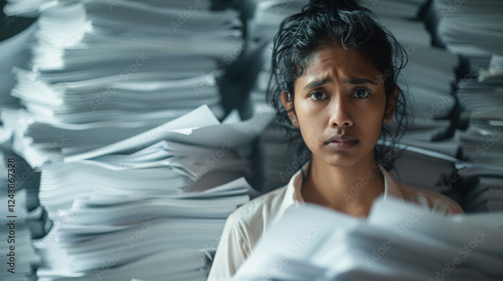 Indian student sitting tired in a library, surrounded by piles of notes ...