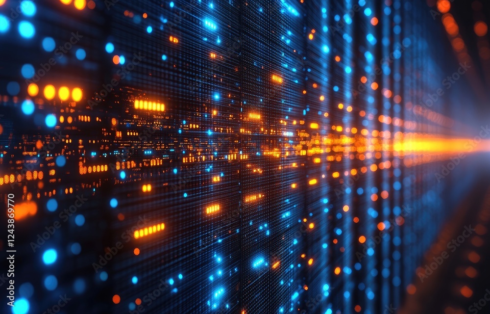 Dynamic network visualization with blue and orange glowing data streams ...