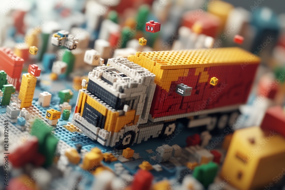 A 8-bit pixel art of a delivery truck moving across a map, with small ...