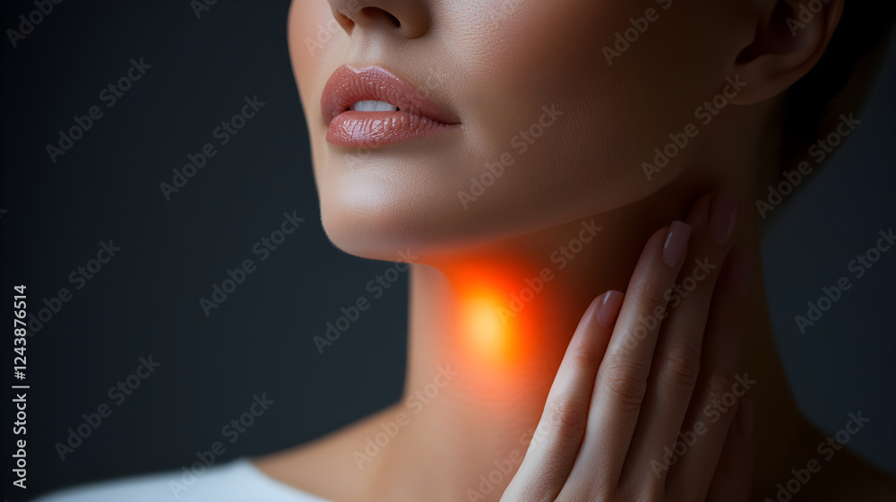 Woman checking her thyroid gland. Throat cancer, symptoms, disease ...