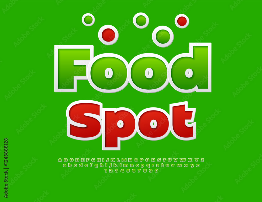 Vector Joyful flyer Food Spot. Green Sticker Font. Creative Alphabet ...