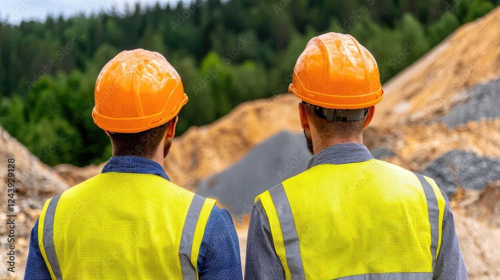 Two construction workers observe the site, showcasing teamwork and ...