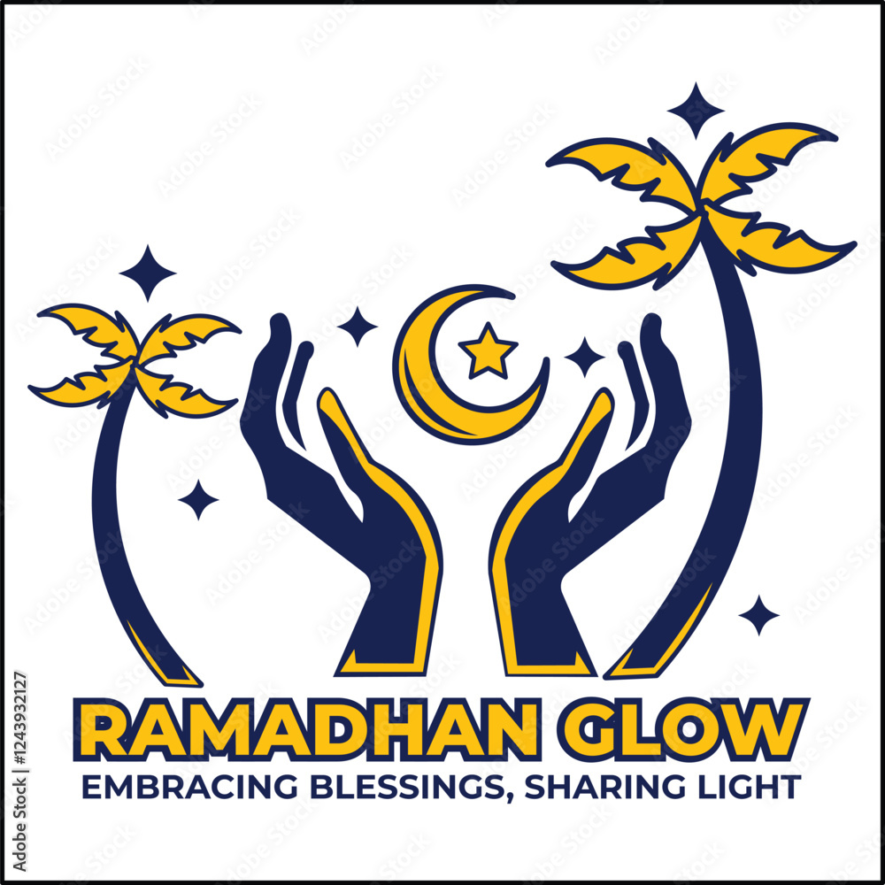 vector design illustration of a glowing Ramadan logo with hands, moon ...