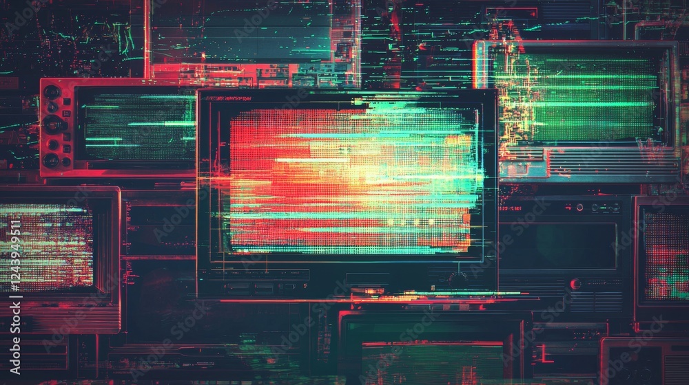 Retro Television Stack Glitch Art Vintage CRT Screens with Digital ...