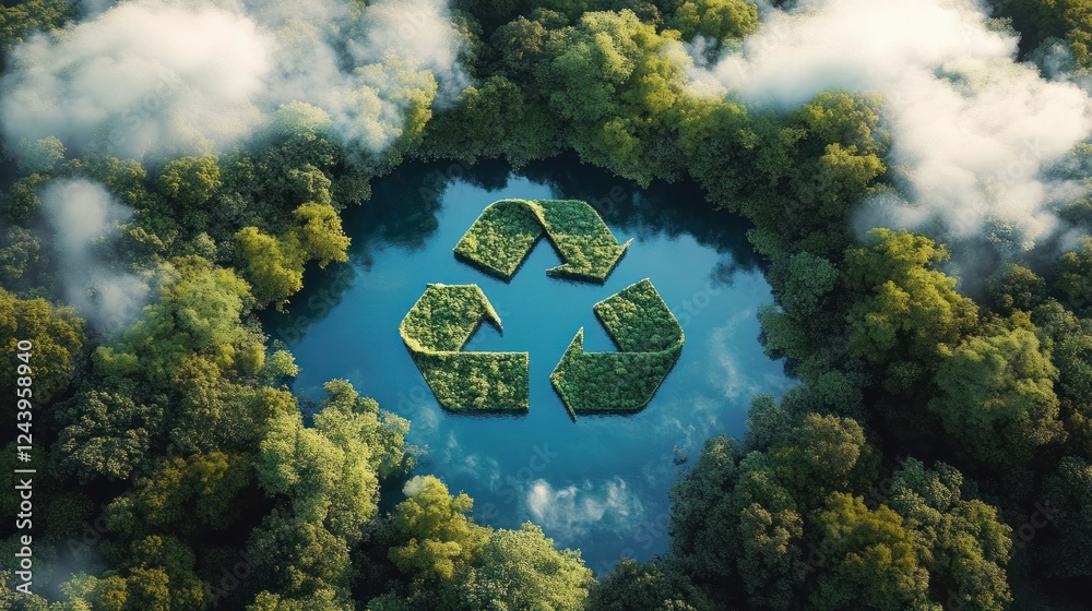 Recycling Symbol Lake in Amazon Rainforest Village from Plane, Eco ...