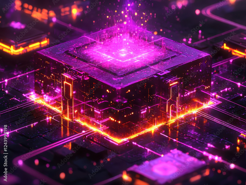 Futuristic quantum computer visualizing Shors algorithm with glowing entangled qubits performing ...