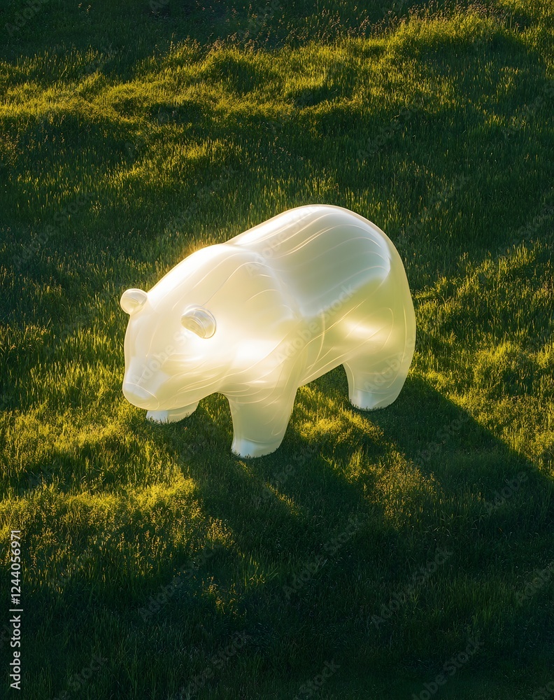 Inflated smooth plastic bear stands motionless in the middle of a short ...