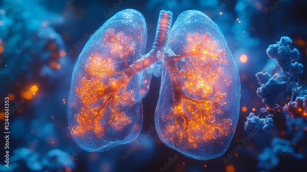 Detailed rendering of the human lungs showing alveoli and bronchioles ...