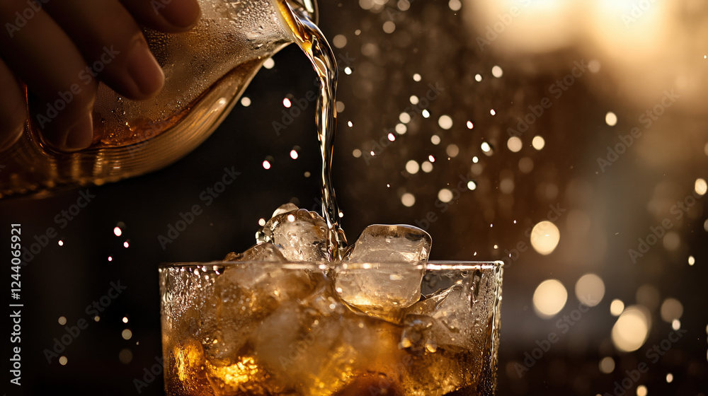 Pouring Dark Soda Over Ice Cubes in Glass with Sparkling Background Stock Photo | Adobe Stock