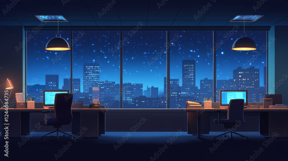Cartoon company office interior at night. Vector illustration of dark ...