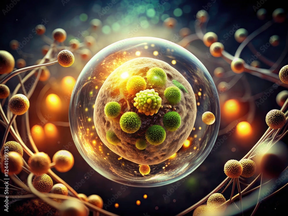 Vintage 3D model: a glowing plant cell nucleus exhibits the process of ...