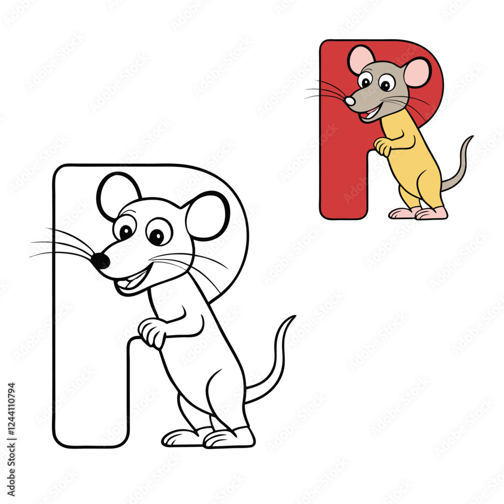 Alphabet letter "R" with a cute rat coloring page. Features a big ...