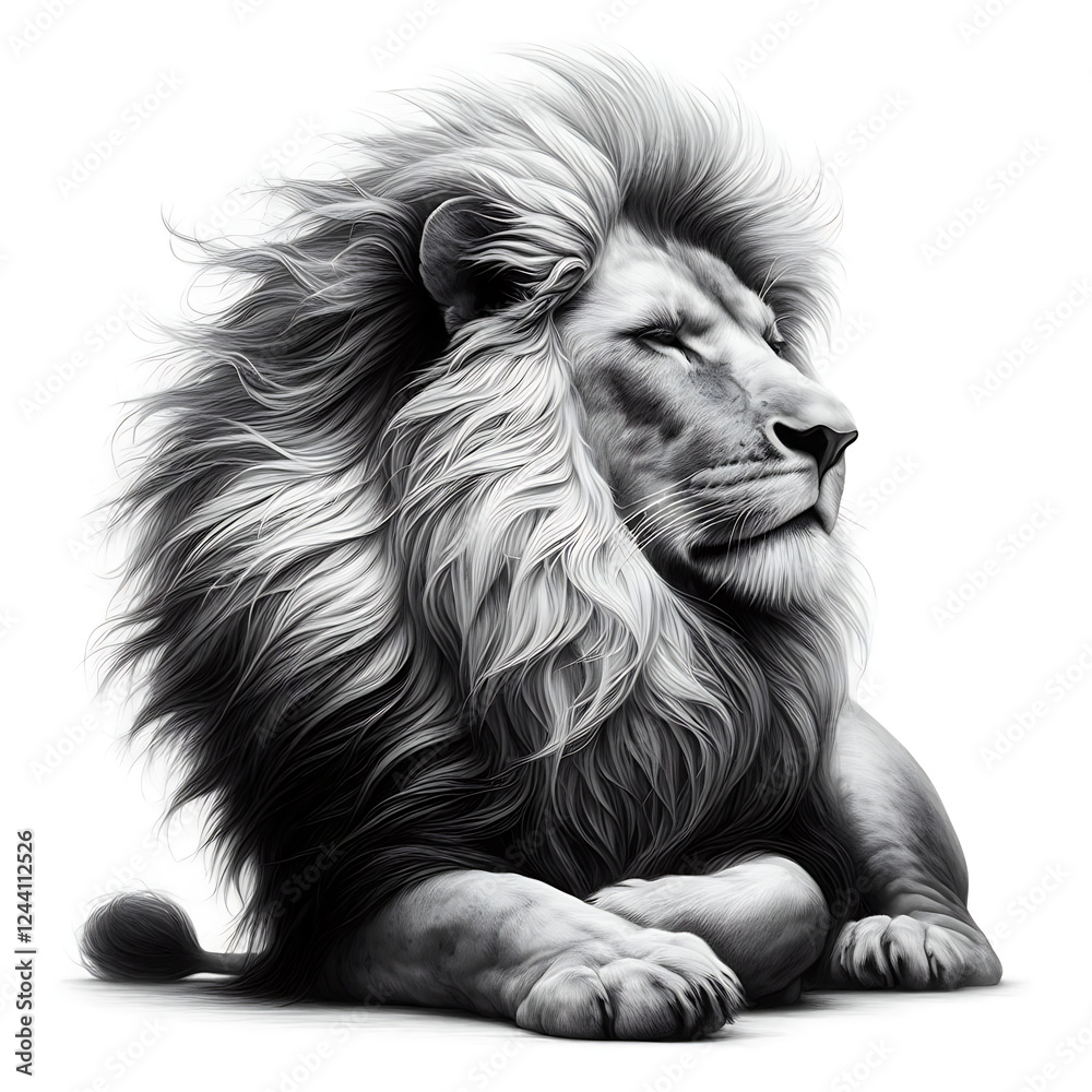 majestic lion, regal pose, detailed fur, monochrome portrait, side ...