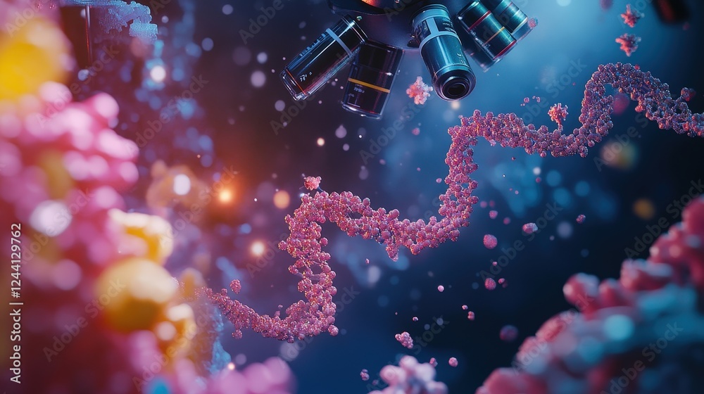 DNA strand being analyzed under a microscope, showing its double-helix ...