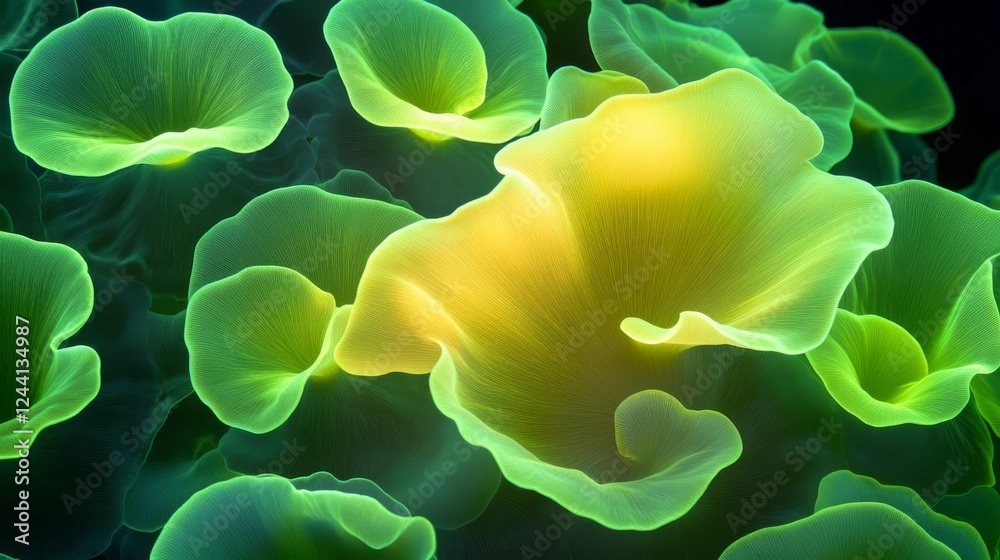 Artistic fluorescent depiction of glowing algae cells in green and ...