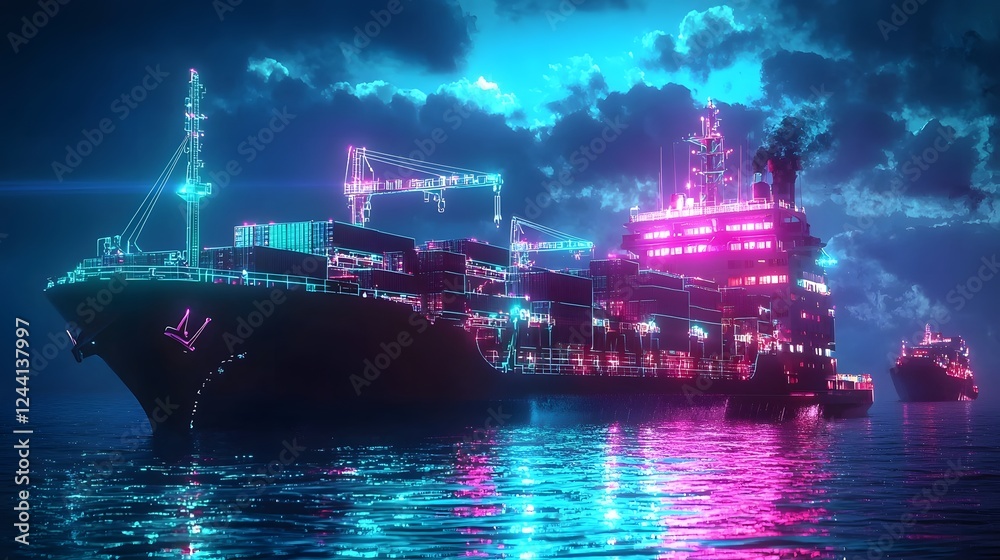 Vibrant neon lit cargo ship gliding through a nighttime seascape with a ...