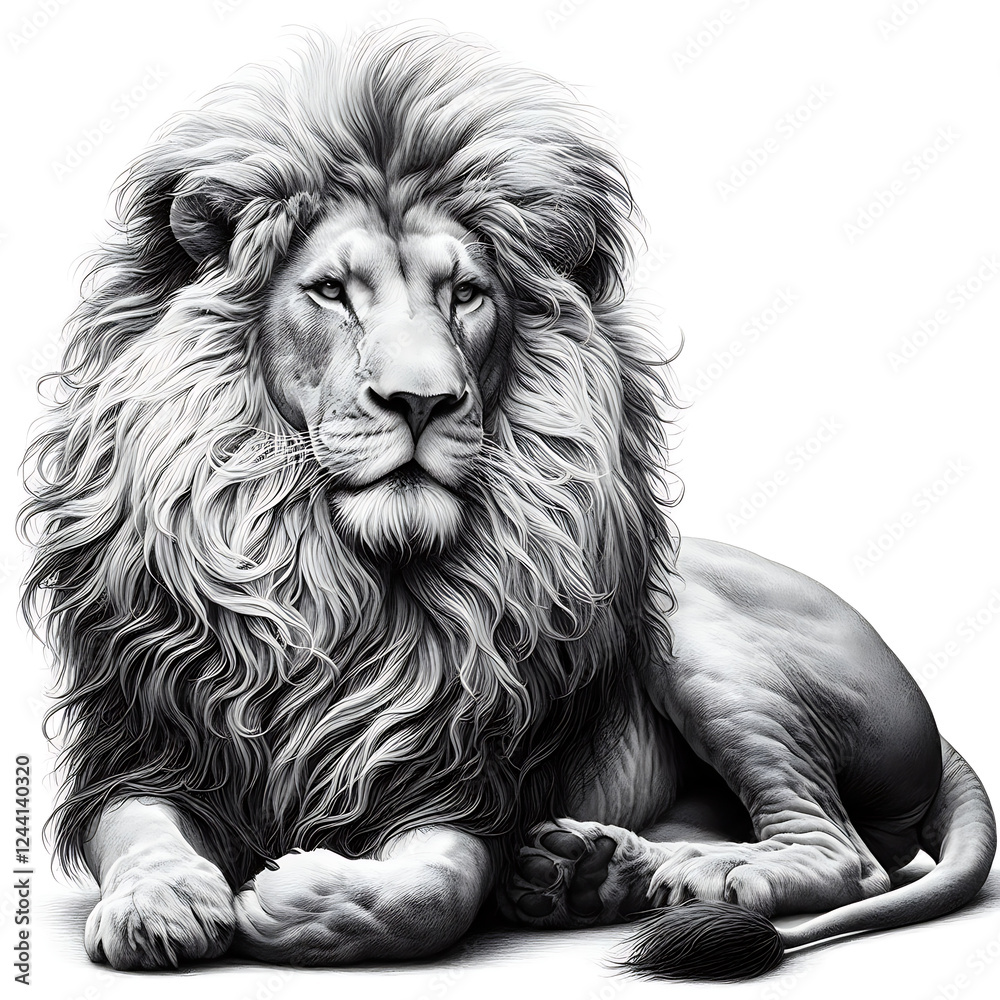 majestic lion portrait, detailed fur texture, black and white ...