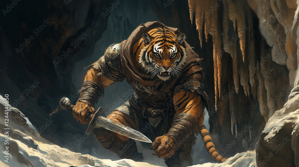 Tiger warrior with a sword in his hand against the background of a cave ...