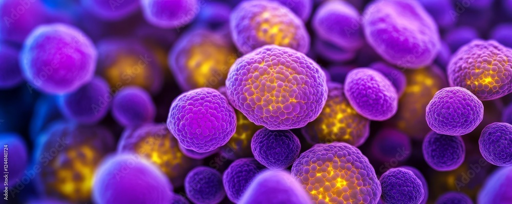 Fluorescent liver cells glowing in purple and yellow under UV light ...