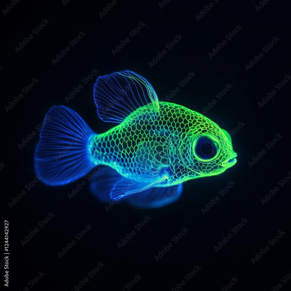 Fluorescent-stained zebrafish embryo glowing in vivid green and blue ...