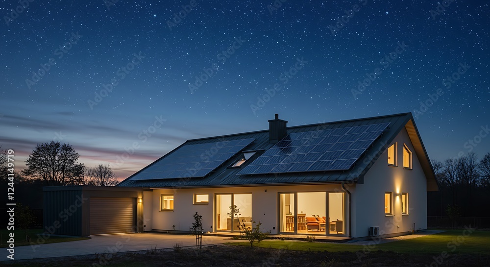 Sustainable solar panel home, innovative house night sky roof ...