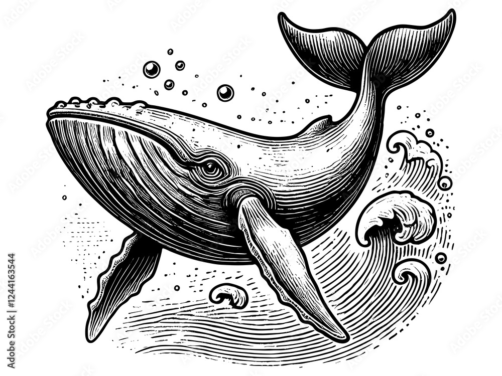 whale breaching from ocean waves, with water splashes and detailed line ...