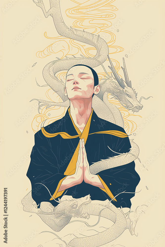 Serene Monk and Dragon: A stylized illustration of a serene monk in ...