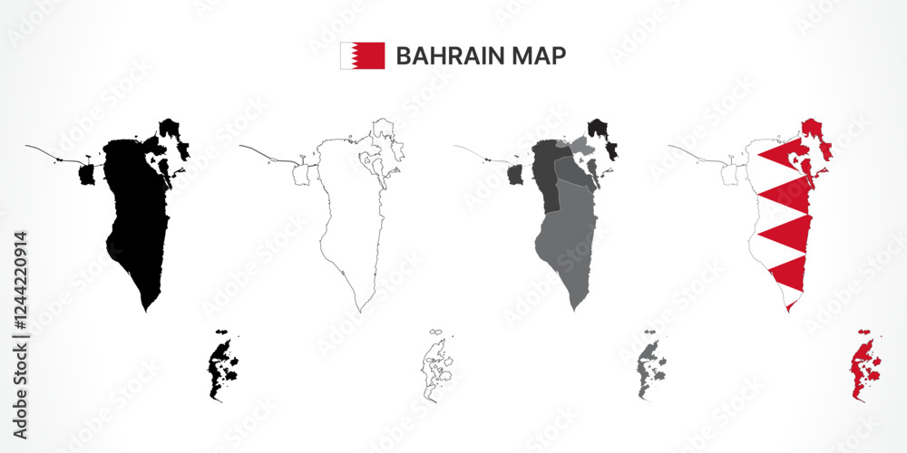 Detailed Bahrain Map Collection with Outline, Silhouette, Governorates ...