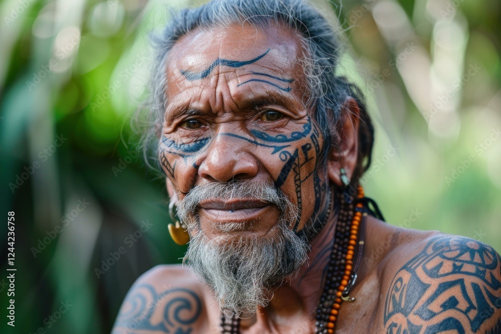 Portrait of an indigenous senior marquesan man with traditional tattoos and ear and neck ...