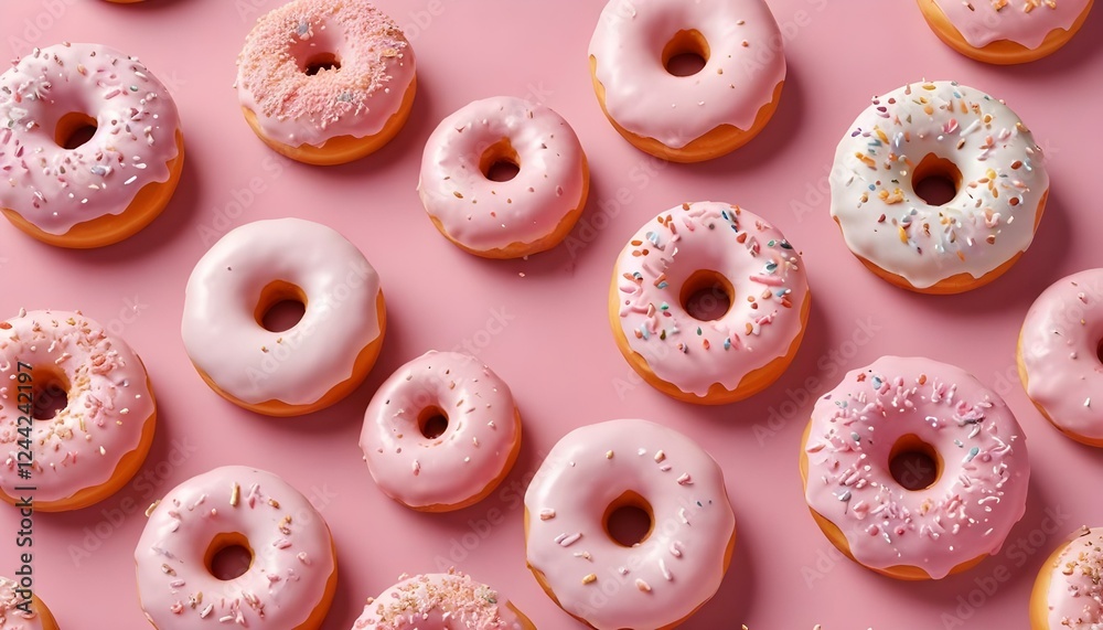 Donuts rosados esmerilados con chispas dispuestas sobre un fondo rosa claro. Los donuts tienen ...
